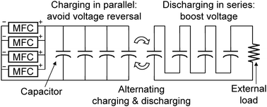 Capturing power at higher voltages from arrays of microbial fuel cells ...