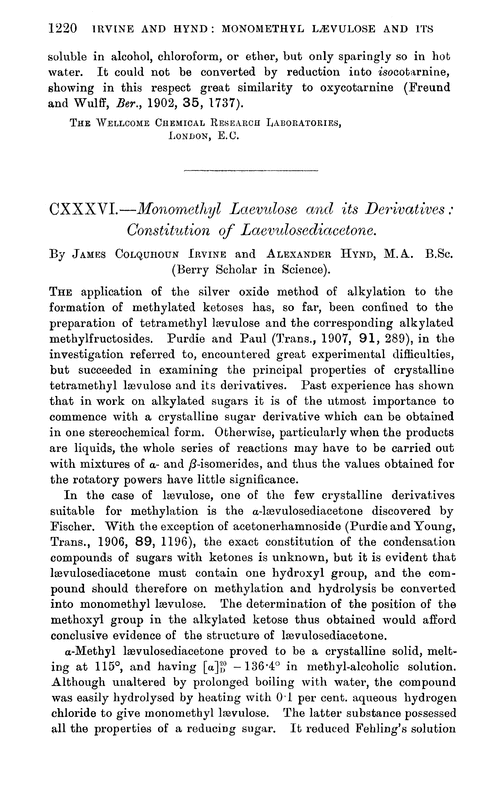 CXXXVI.—Monomethyl laevulose and its derivatives: constitution of ...
