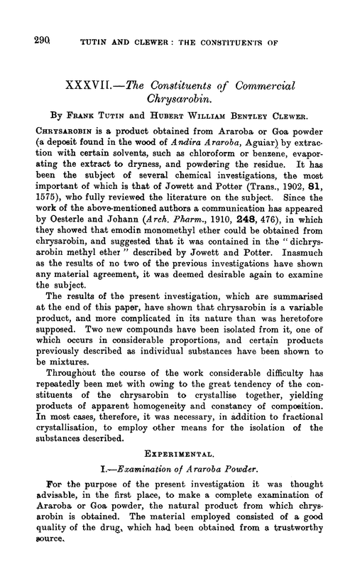 XXXVII.—The constituents of commercial chrysarobin - Journal of the ...
