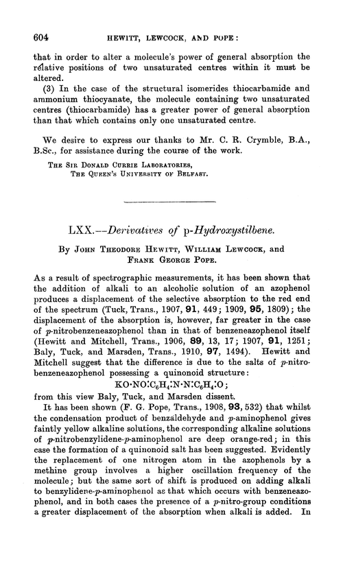 LXX.—Derivatives of p-hydroxystilbene - Journal of the Chemical Society ...