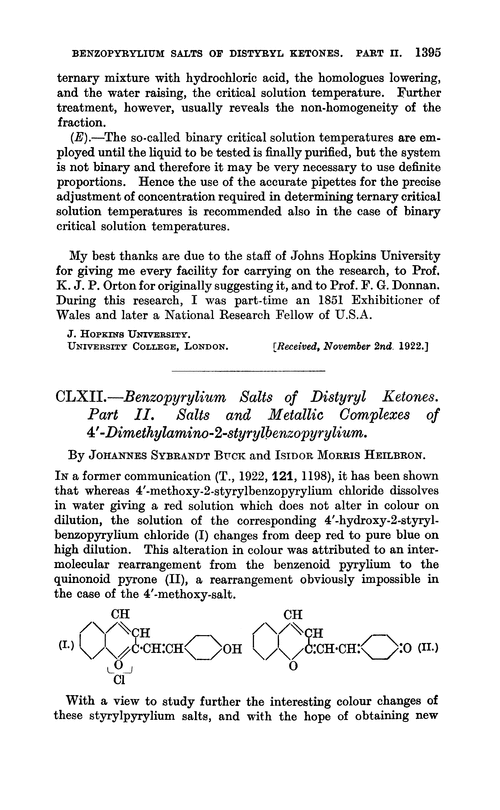 CLXII.—Benzopyrylium salts of distyryl ketones. Part II. Salts and ...