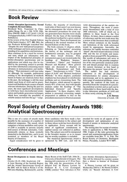 Royal Society of Chemistry Awards 1986: Analytical Spectroscopy ...