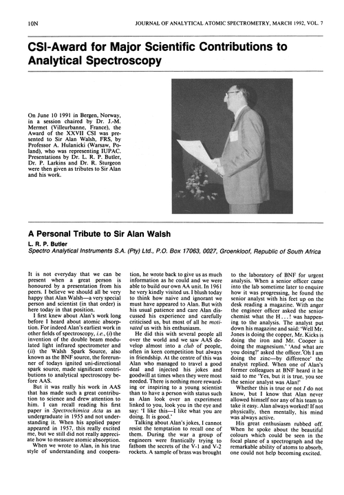 A personal tribute to Sir Alan Walsh - Journal of Analytical Atomic ...