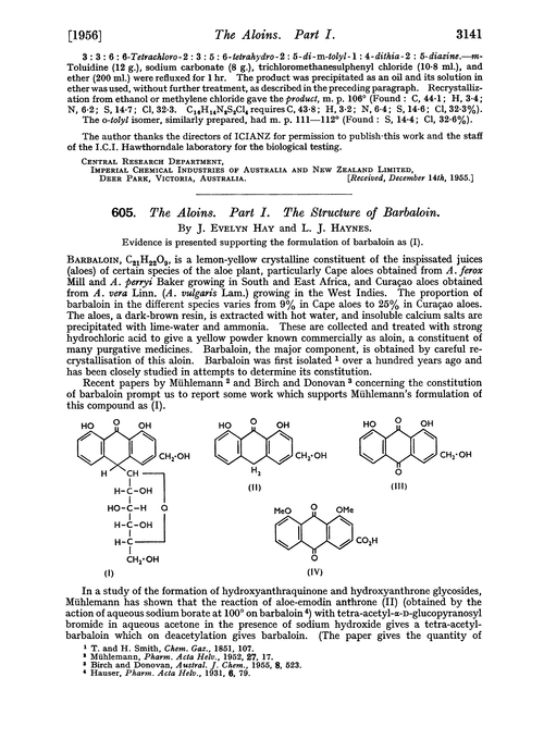 605. The aloins. Part I. The structure of barbaloin - Journal of the ...
