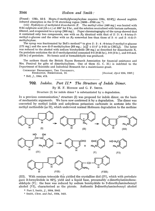 702. Indoles. Part II. The structure of indole dimer - Journal of the ...