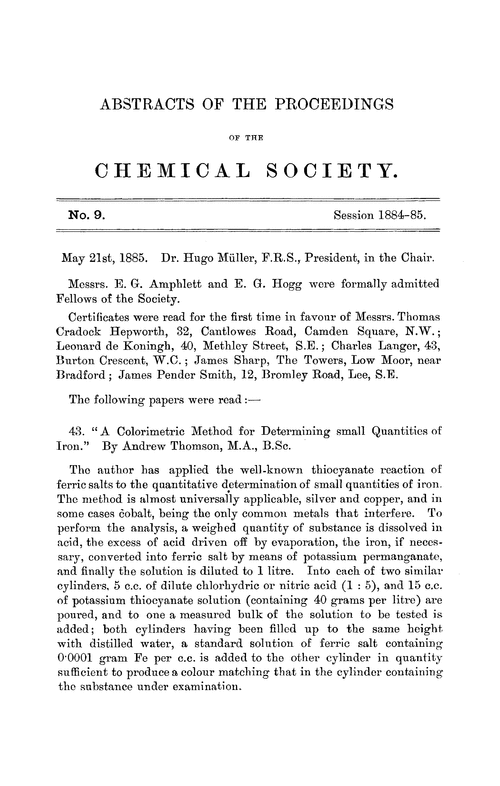Abstracts of the Proceedings of the Chemical Society, Vol. 1, No. 9 ...