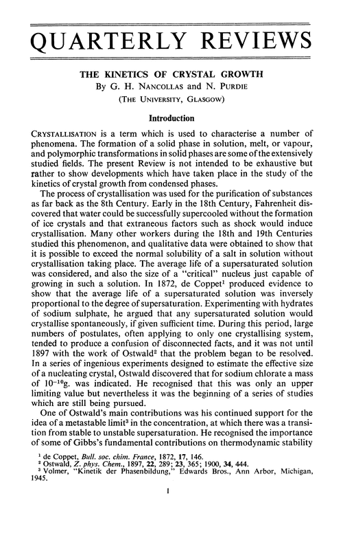 The kinetics of crystal growth - Quarterly Reviews, Chemical Society ...