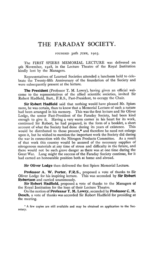 The Faraday Society. The Spiers First Memorial Lecture - Transactions ...