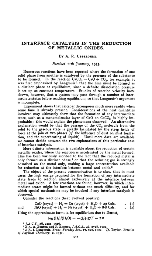 Interface catalysis in the reduction of metallic oxides - Transactions ...