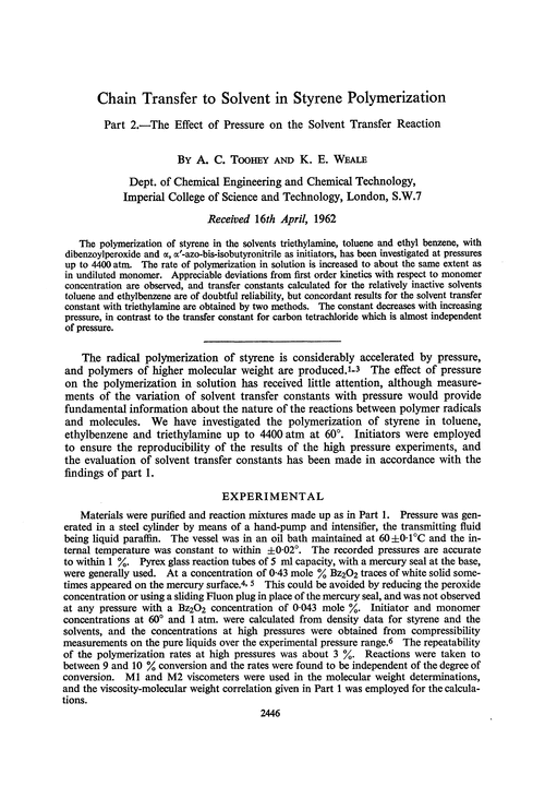 Chain transfer to solvent in styrene polymerization. Part 2.—The effect ...
