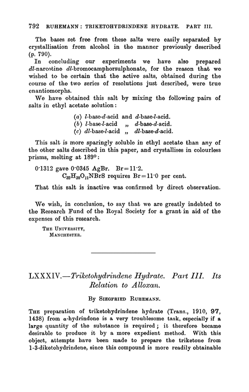 LXXXIV.—Triketohydrindene hydrate. Part III. Its relation to alloxan ...