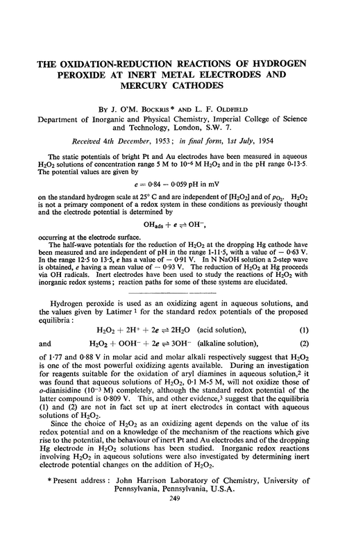 The oxidation-reduction reactions of hydrogen peroxide at inert metal ...